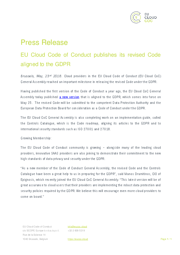 Press Release: "EU Cloud Code of Conduct publishes its revised Code aligned to the GDPR": EU ...