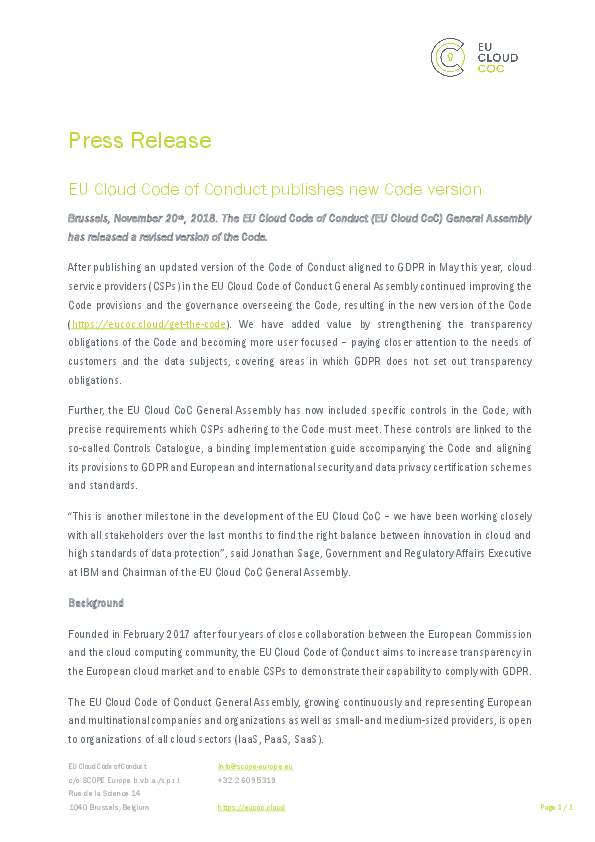 Press Release: EU Cloud Code of Conduct publishes new Code version: EU Cloud CoC